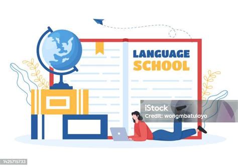 어학원 템플릿 손으로 그린 만화 플랫 일러스트 레이 션 온라인 학습 코스 교육 프로그램 및 해외 외국어 학습 공부에 대한 스톡