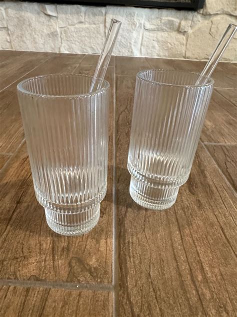 4mo Finance Kivy Ribbed Glassware Set Of 4 With Straws Stackable