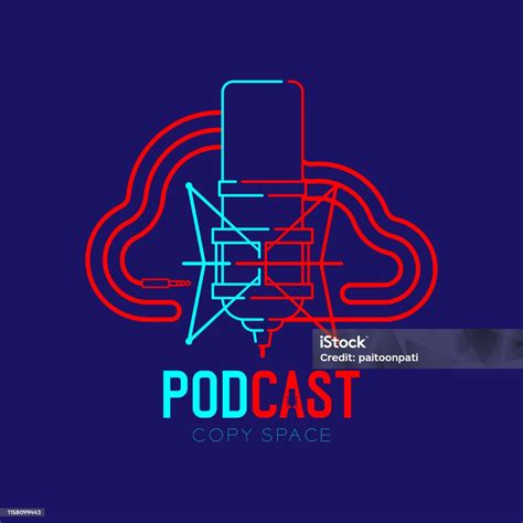 마이크 로고 아이콘 개요 스트로크 클라우드 모양 프레임 케이블 대시 라인 디자인 팟 캐스트 인터넷 라디오 프로그램 개념 일러스트