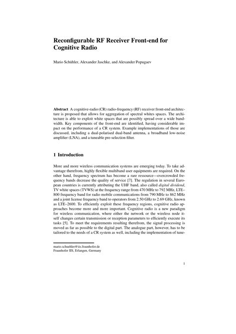 Pdf Reconfigurable Rf Receiver Front End For Cognitive Radio