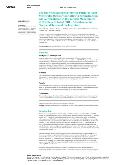 Pdf The Utility Of Invengenx® Bovine Patch For Right Ventricular Outflow Tract Rvot