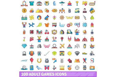 100 Adult Games Icons Set Cartoon Style 367211