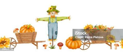 허수아비 해바라기 호박이 흰색에 고립되어 있는 완벽한 수채화 테두리 가을 장식 가을 반복 구성 허수아비에 대한 스톡 벡터 아트 및 기타 이미지 Istock