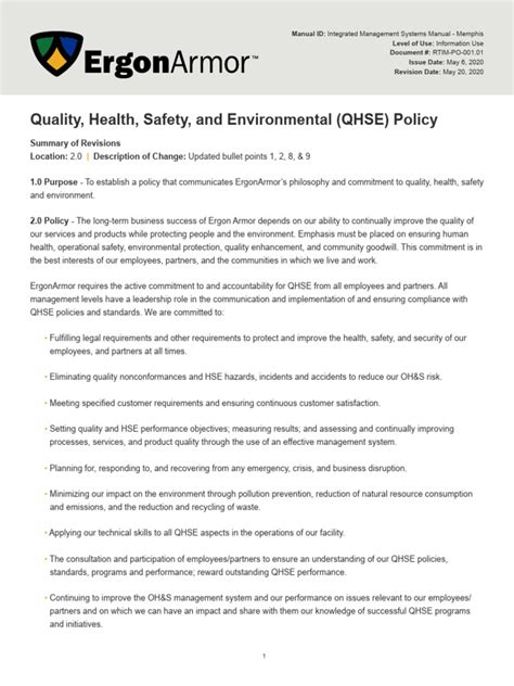 Ergonarmor Quality Health Safety And Evnironmental Qhse Policy Final