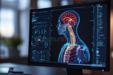 Modern Computer Displaying 3d Medical Scan Of Human Brain And Nervous System Stock Illustration