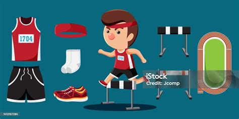 허들 레이싱 육상 선수 만화 및 하들 트랙 신발 의류 유니폼과 같은 장비 세트 스포츠 레이스에 대한 스톡 벡터 아트 및 기타 이미지 스포츠 레이스 아이