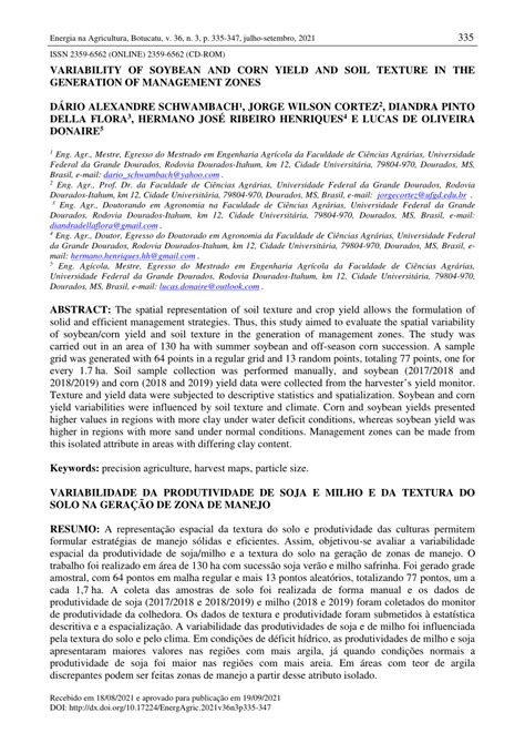 PDF VARIABILITY OF SOYBEAN AND CORN YIELD AND SOIL TEXTURE IN THE GENERATION OF MANAGEMENT ZONES