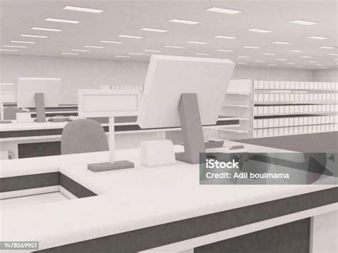 식료품점 카드 결제 단말기가 있는 슈퍼마켓 계산대 계산대 주문 화면 뒷모습 3d 렌더링 그림입니다 계산대에 대한 스톡 사진 및 기타 이미지 Istock