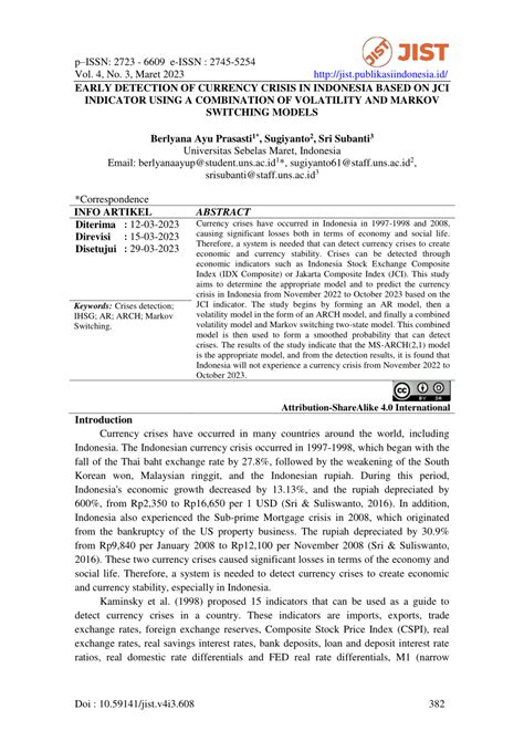 Pdf Early Detection Of Currency Crisis In Indonesia Based On Jci Indicator Using A Combination