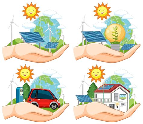 태양열 패널과 풍력 터빈을 이용한 녹색 에너지 개념 무료 벡터