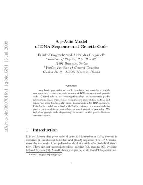 Pdf 06 A P Adic Model Of Dna Sequence And Genetic Code