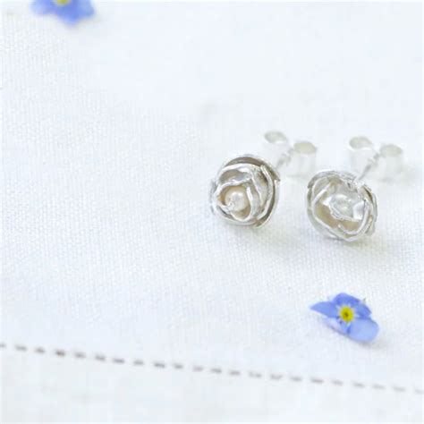 Small Peony Studs Silver And Pearl Seed