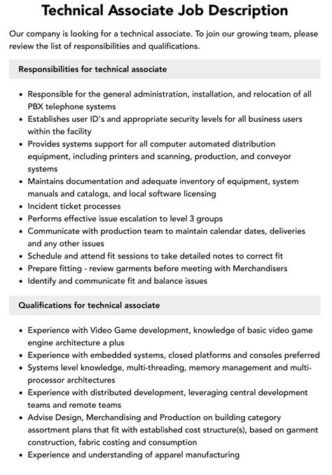 Technical Associate Job Description Velvet Jobs