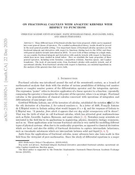 Pdf On Fractional Calculus With Analytic Kernels With Respect To Functions Christian Oumarou