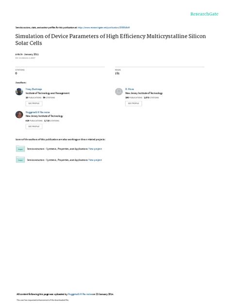 Simulation Of Device Parameters Of High Efficiency Multicrystalline Silicon Solar Cells Pdf