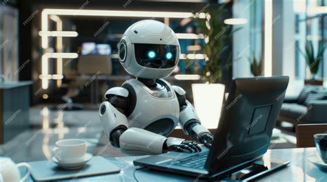 Futuristic Robot Working In Modern Office With Laptop Technology Concept Premium Ai Generated