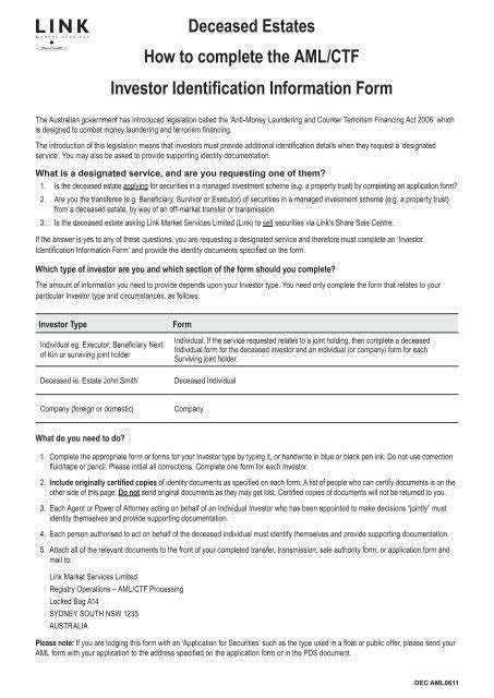 Amlctf Investor Identification Information Form For Deceased Estates