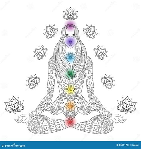 Girl Sitting In Lotus Pose With Chakras Vector Ornate Boho Wom Stock