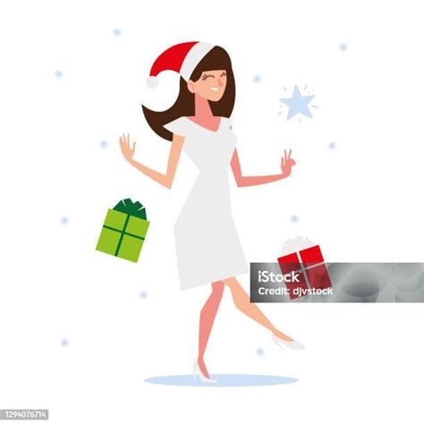 크리스마스 사람들 산타 모자와 선물 상자 시즌 겨울 축하와 행복한 여자 12월에 대한 스톡 벡터 아트 및 기타 이미지 12월 가공의 인물 겨울 Istock