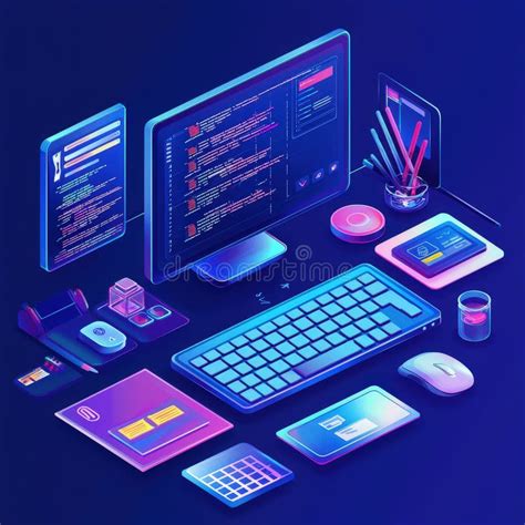 Modern Workspace With Coding Screen And Tech Gadgets Stock Image Image Of Screen Vibrant