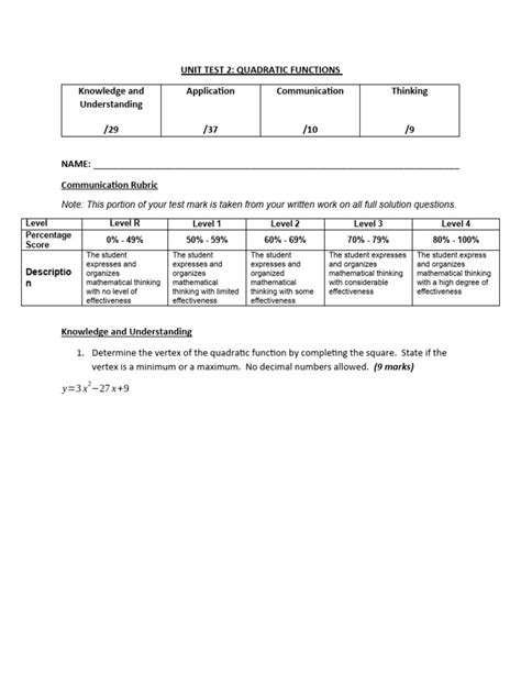 Mcr 3u1 Unit 2 Quadratic Functions Unit Test Copy 1 Pdf Quadratic