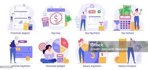 세금 납부 세금 환급 급여 납부 개인 및 가족 예산 재정 통제에 대한 삽화 세트 사람들은 재무 보고서 감사 및 회계를 연구합니다 평면 디자인의 벡터 일러스트 레이 션 예산에