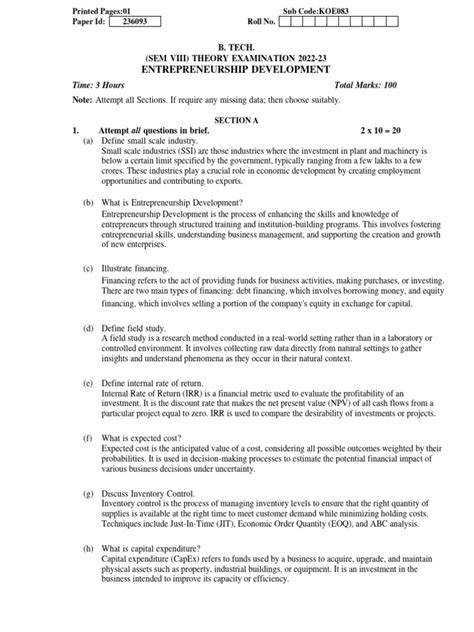 entrepreneurshipdevelopment qp 2023 solution pdf net present value