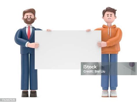 개념적 이미지를 삽입하기 위해 빈 흰색 플래카드를 들고 만화 캐릭터의 3d 일러스트레이션3d 흰색 배경에 렌더링 2명에 대한 스톡 사진 및 기타 이미지 Istock