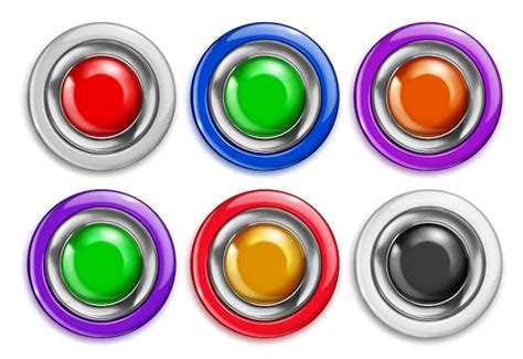 흰색 배경에 그림자가 있는 다양한 색상의 반짝이는 테두리가 있는 현실적인 큰 플라스틱 버튼 세트 프리미엄 벡터