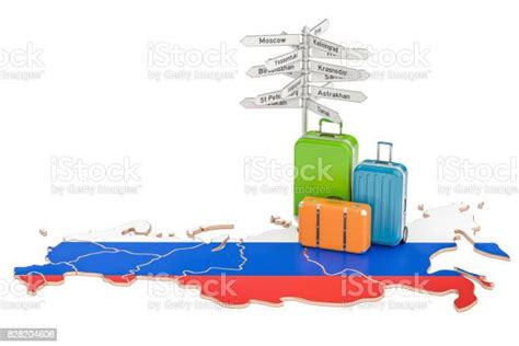 러시아 여행 개념입니다 러시아 지도 3d에 푯 말과 가방 렌더링 3차원 형태에 대한 스톡 사진 및 기타 이미지 3차원 형태 가방 개념 Istock