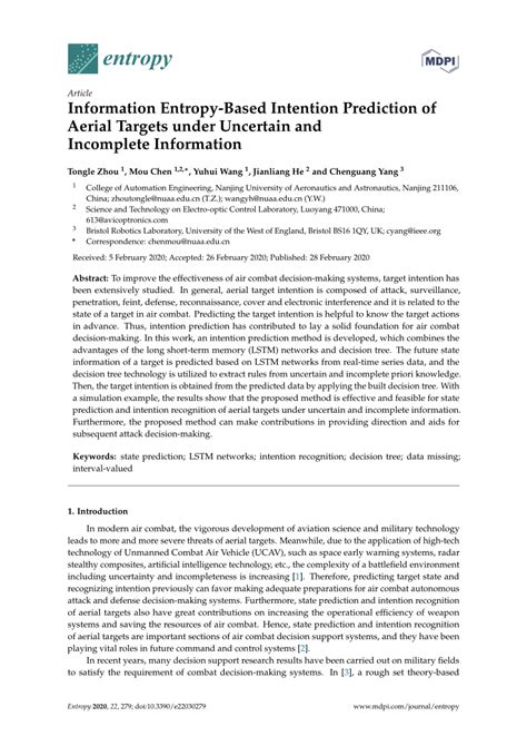 Pdf Information Entropy Based Intention Prediction Of Aerial Targets Under Uncertain And