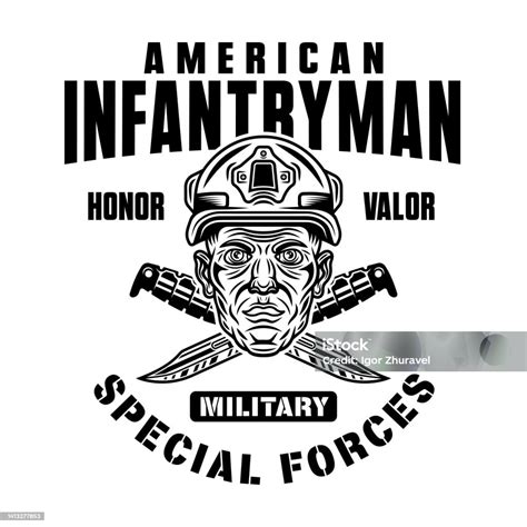 미국 보병 벡터 빈티지 엠블럼 라벨 배지 또는 헬멧에 군인 머리가있는 엠블럼 흰색 배경에 고립 된 흑백 그림 T 셔츠에 대한