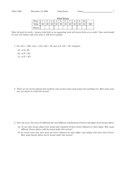 9 Problems For Final Exam Finite Mathematics Math 1050 Docsity