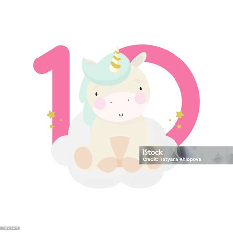 생일 파티 인사말 카드 파티 초대장 귀여운 매직 유니콘과 비문 10와 아이 일러스트 만화 스타일의 벡터 일러스트레이션 0명에 대한 스톡 벡터 아트 및 기타 이미지 Istock
