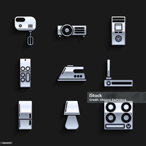전기 다리미 테이블 램프 가스 렌지 라우터 및 Wifi 신호 냉장고 리모콘 및 믹서 아이콘을 설정합니다 벡터 가열장치에 대한 스톡 벡터 아트 및 기타 이미지 Istock