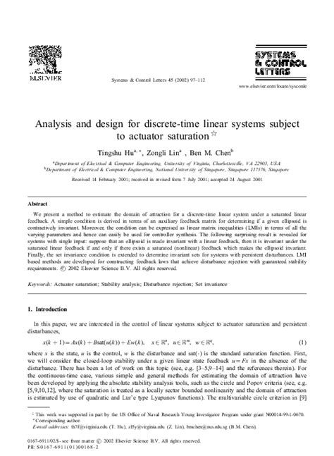 Pdf Analysis And Design For Discrete Time Linear Systems Subject To Actuator Saturation