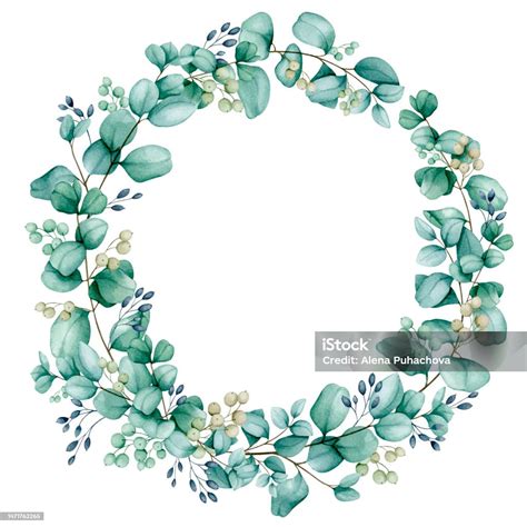 유칼립투스 가지와 열매의 수채화 화환 초대장 카드 축하 로고 라벨 문구류의 디자인을 위한 식물 삽화 결혼식 기념일 생일 디자인 꽃 왕관에 대한 스톡 벡터 아트 및 기타