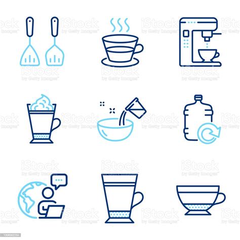 음식 및 음료 아이콘 세트 요리 칼 커피 컵 리필 물 표지판으로 아이콘이 포함되어 있습니다 벡터 라떼에 대한 스톡 벡터 아트 및