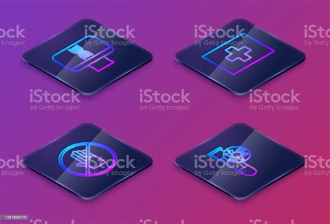 등극선 Dna 나선형 및 컴퓨터 악수 없음 응급 처치 키트 및 바이러스가 있는 테스트 튜브를 설정합니다 파란색 정사각형 버튼 벡터 0명에 대한 스톡 벡터 아트 및 기타