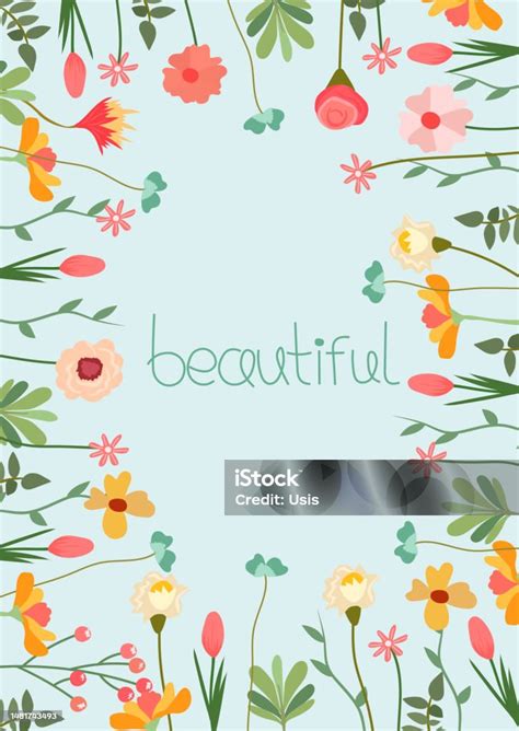 꽃이 만발한 여러 가지 빛깔의 야생화와 아름다운 비문이있는 눈길을 끄는 꽃 배경 개념은 자연을 저장합니다 소셜 포스터 카드 로고 배너에 적합합니다 벡터 국경에 대한 스톡