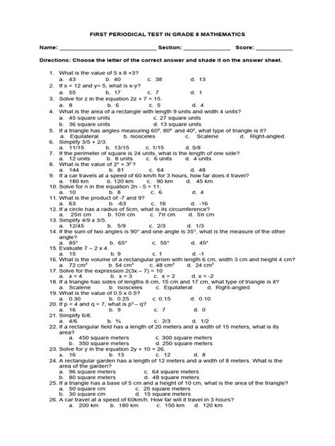Updated Test In Grade 8 Mathematics Pdf