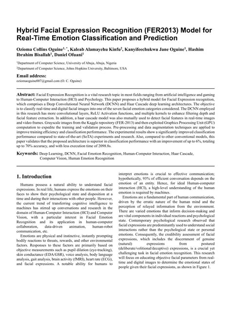 PDF Hybrid Facial Expression Recognition FER Model For Real Time Emotion Classification