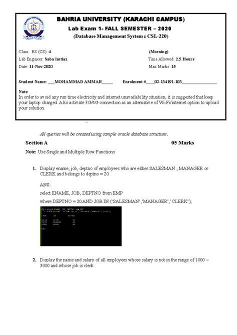 Lab Exam Database Management System Bscs ` All Queries Will Be Created Using Sample Oracle