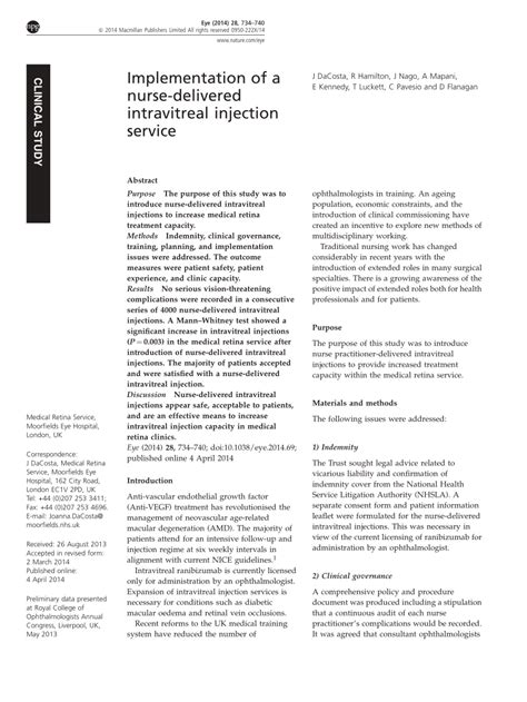 Pdf Implementation Of A Nurse Delivered Intravitreal Injection Service