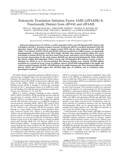 Pdf Eukaryotic Translation Initiation Factor 4aiii Eif4aiii Is Functionally Distinct From