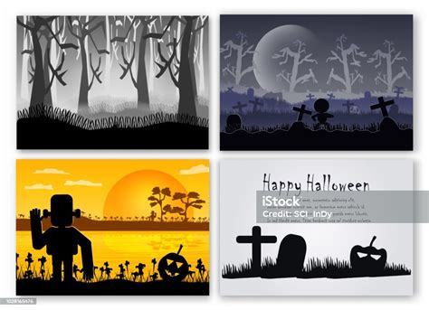 장면 설정의 할로윈 데가 10 월에서 벡터와 뼈 프랑 켄 슈 타인 호박 숲 실루엣 스타일에서 그림 10월에 대한 스톡 벡터 아트