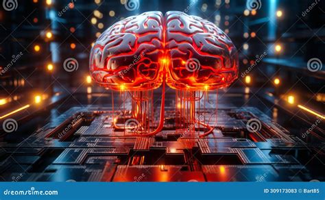 Red Illuminated Artificial Intelligence Brain In A Futuristic Data