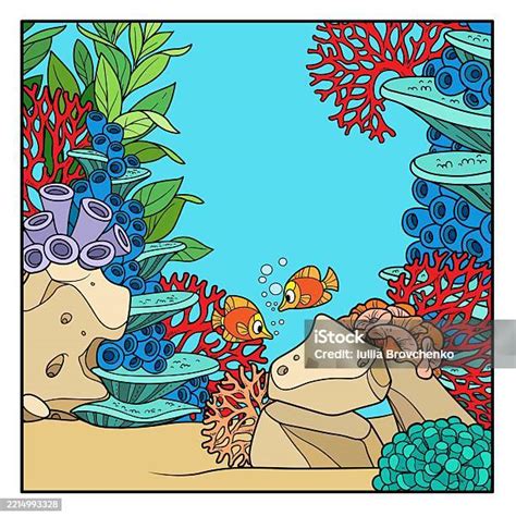 만화 수중 세계 산호와 조류 색상 변화 색칠 공부 페이지 흰색 배경에 고립 귀여운에 대한 스톡 벡터 아트 및 기타 이미지 귀여운 기포 깊은 Istock