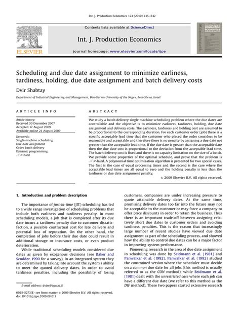 Shabtay 2010 Scheduling And Due Date Assignment To Minimize Ear Pdf Dynamic Programming