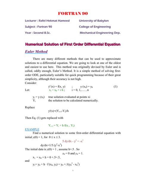 Euler Method Numerical Solution Of Differential Equations In Fortran 90